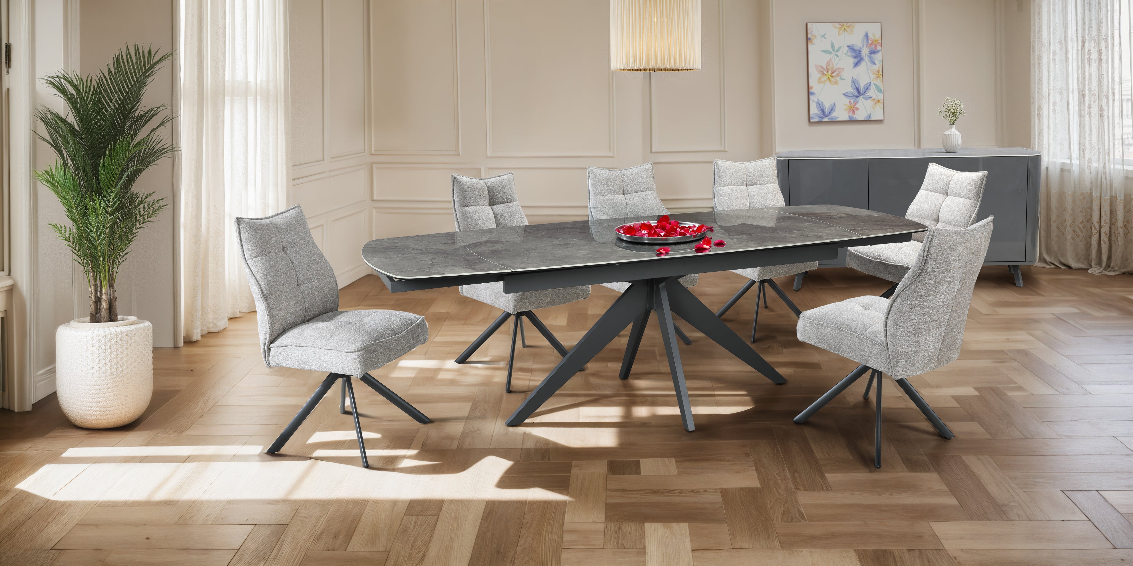 Lorenzo 6 Seat Dining Set with ceramic high gloss table top & pocket s ...